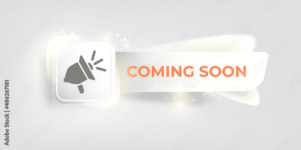 Coming soon horizontal banner with megaphone and button on light grey ...