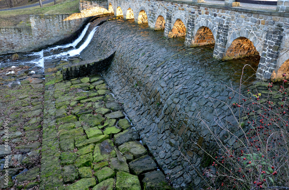 The dam of the breeding fish pond has a canal safety overflow similar ...