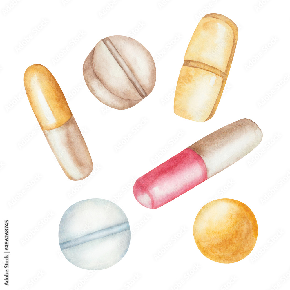 Watercolor illustration of hand painted red, yellow, blue pills ...