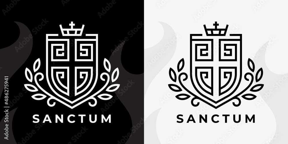 Christian cross shield logo. Religious crucifix coat of arms sanctum ...