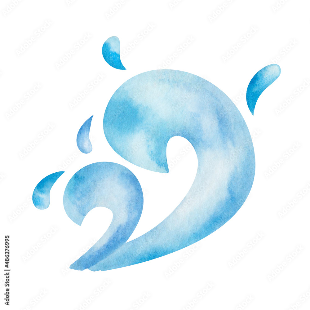 Watercolor illustration of hand painted ocean, sea waves, blue splash ...