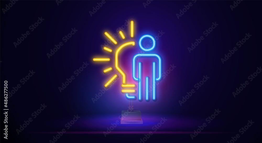 Man on the background of a burning light bulb, a symbol of a cool idea ...