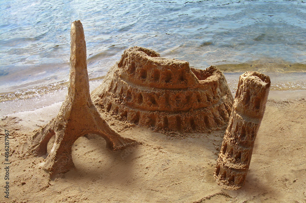 Travel around the world. Famous landmarks made of sand - Coliseum ...