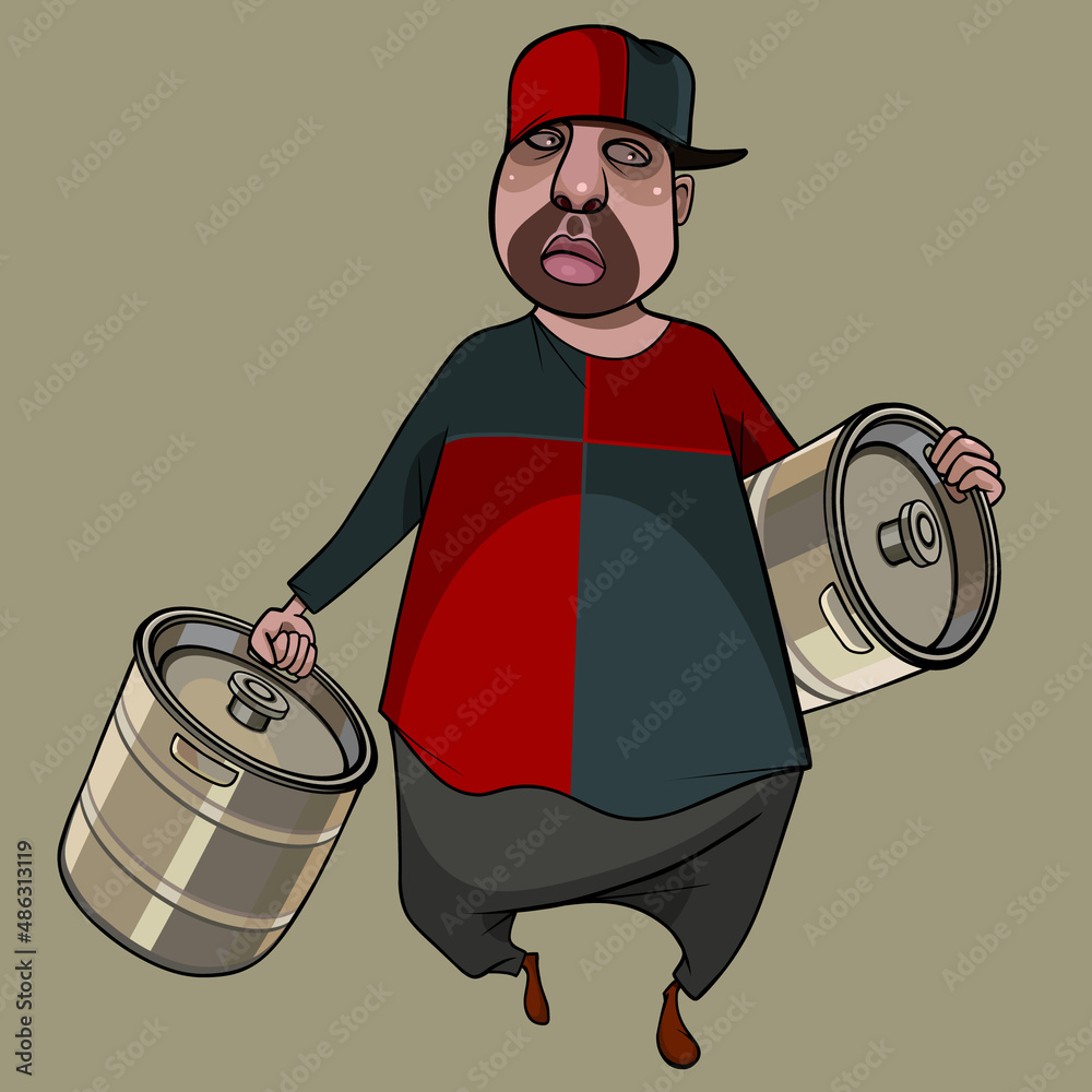 cartoon man fat man dragging two big metal kegs Stock Vector | Adobe Stock