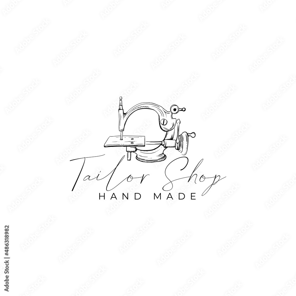 Tailor icon logo with sewing machine classic in hand drawn style vector ...