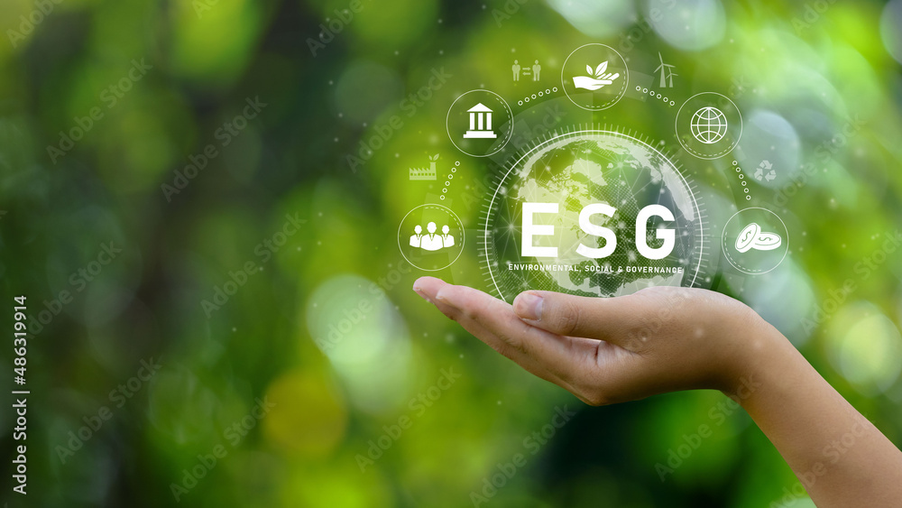 ESG icon concept. Environment in renewable hands. Nature, earth ...