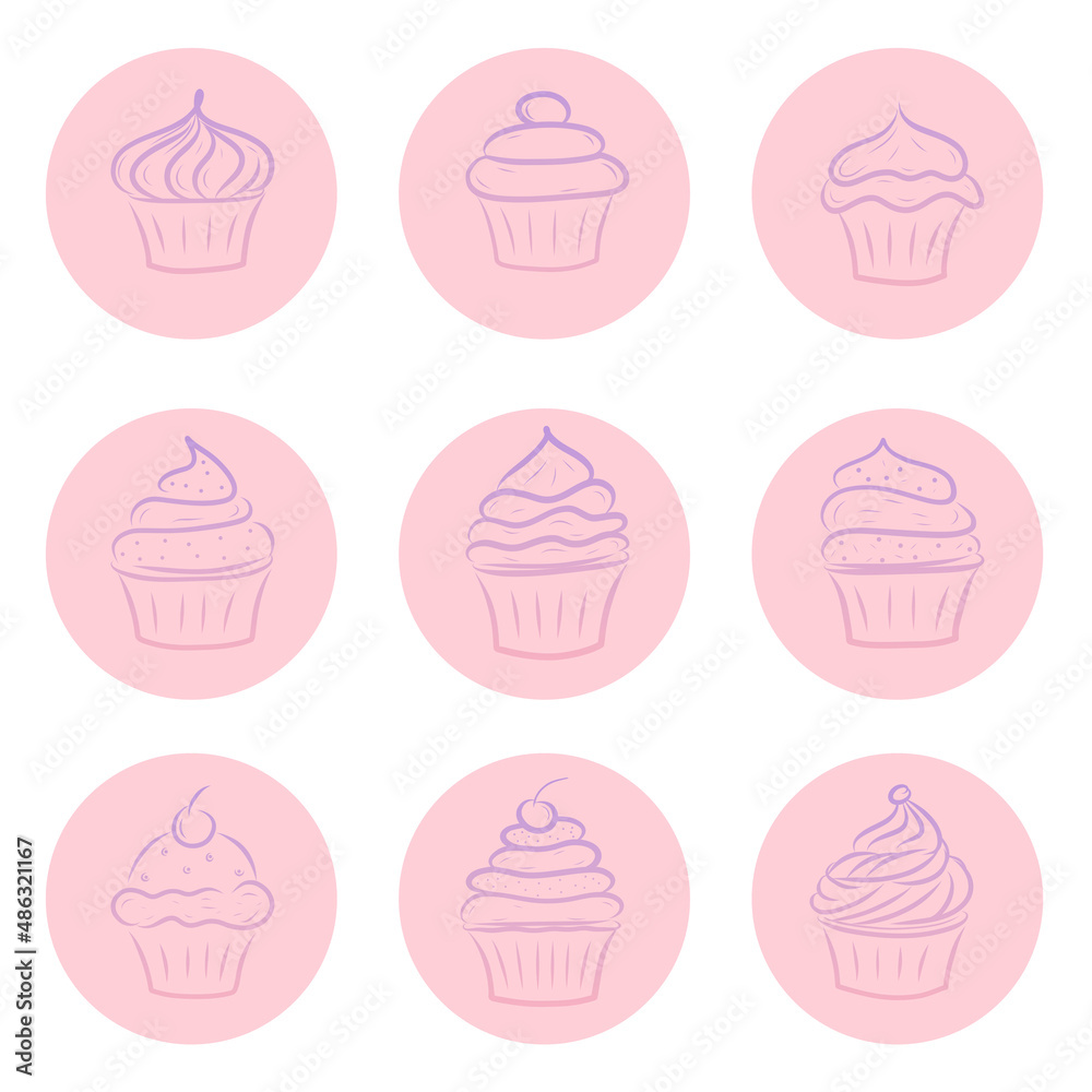 a set of nine round pink icons with the image of cakes, an icon for ...