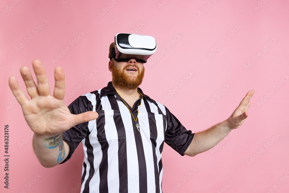 Comic portrait of sport referee wearing field judge uniform in VR ...