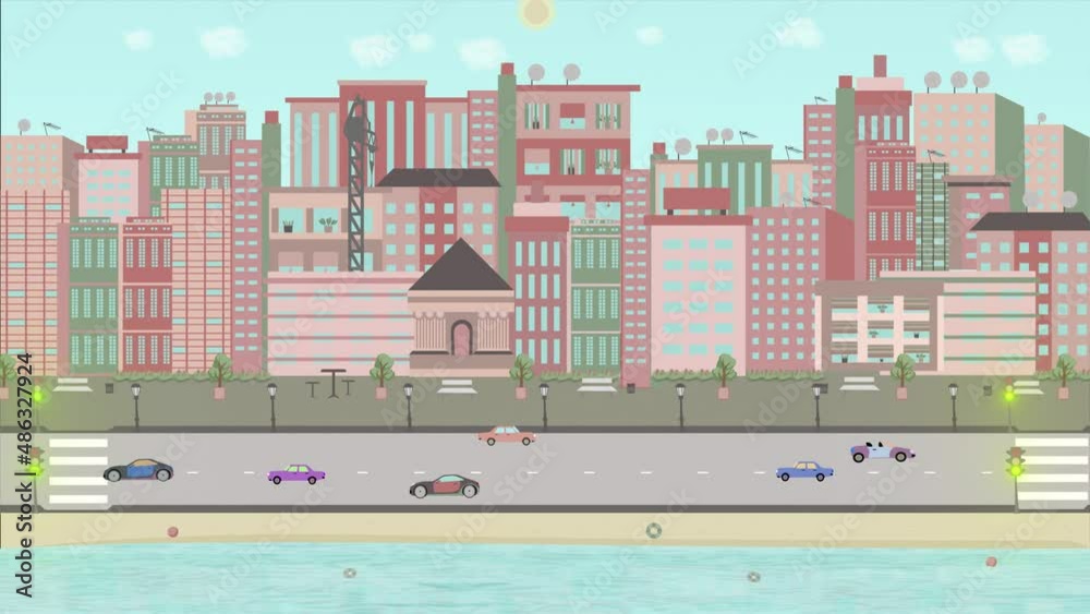 An animated flat illustration of a city with a park, lake, construction ...
