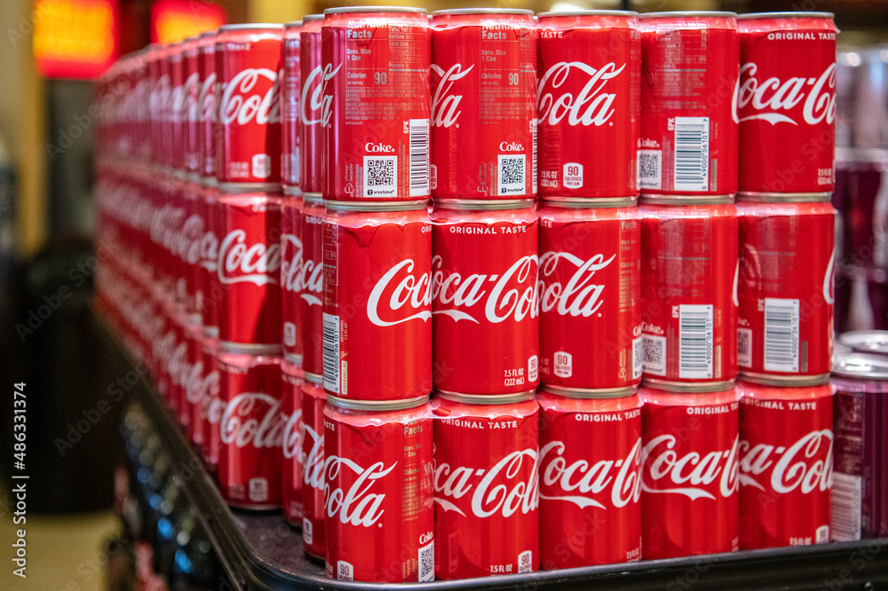 Los Angeles, CA/USA 2/26/2021 Tin cans of coca cola brand sodas for ...