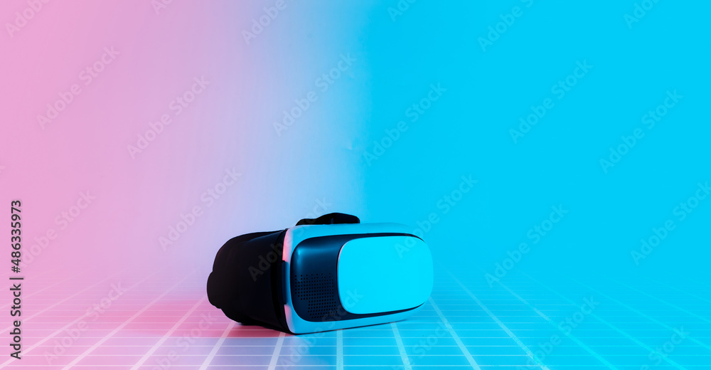 Virtual reality VR background. 3d digital glasses on futuristic neon ...