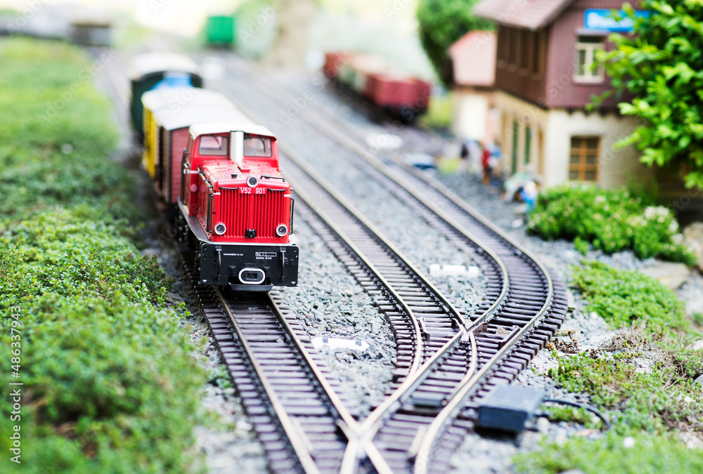 Miniature train railway model set by a station Stock Photo | Adobe Stock