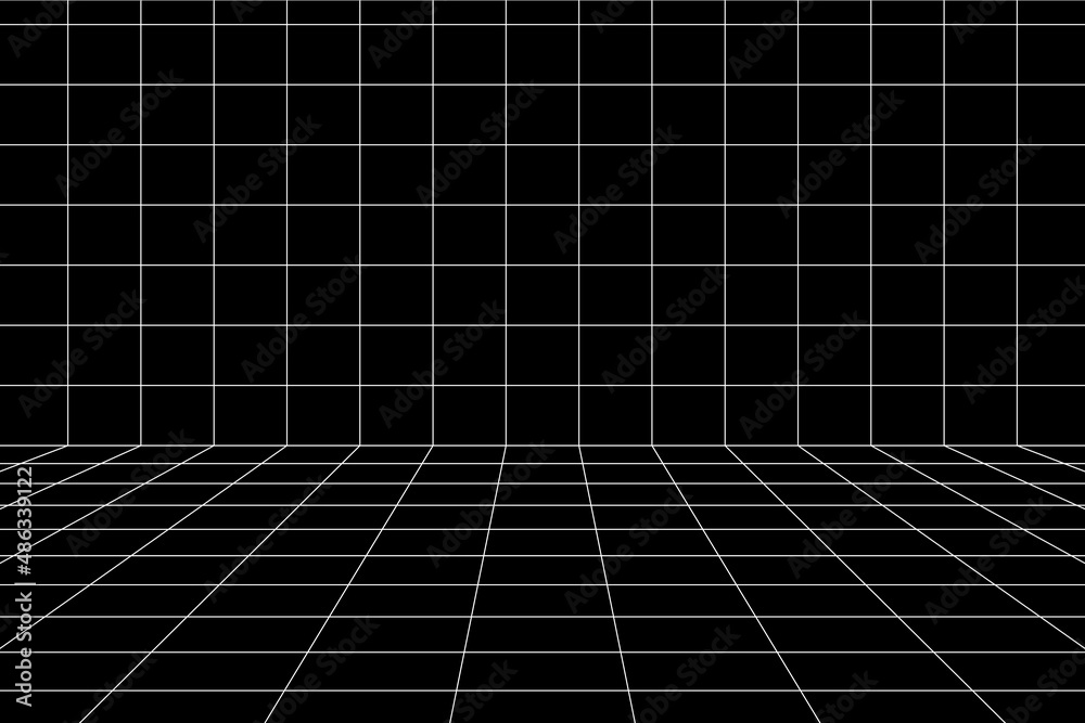 Plakat w ramie 3D digital white grid of wall, floor of black room space ...