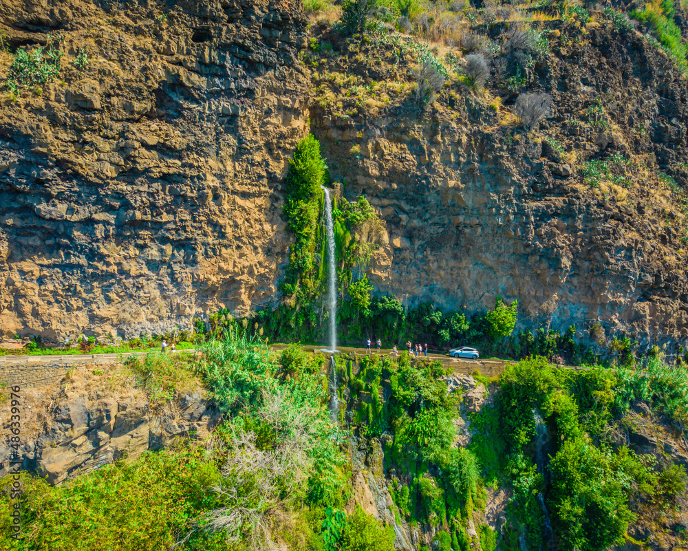 Aerial drone view of Angels waterfall (Cascata dos Anjos) in Madeira ...