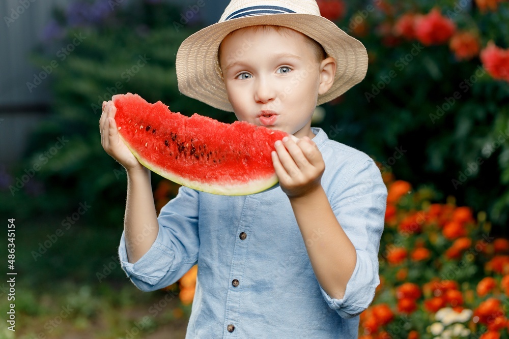 Shy little boy in a he holds a large slice of watermelon and hides his ...