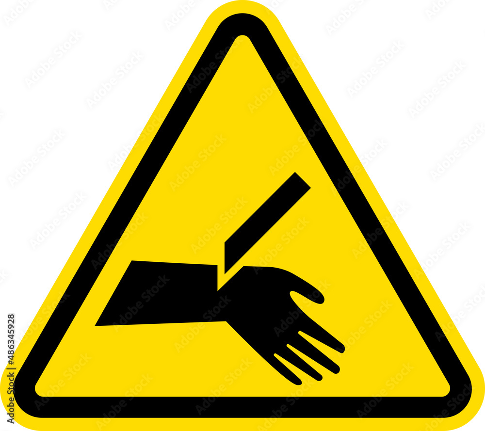 Cutting of hand or finger warning sign. Triangle yellow background ...