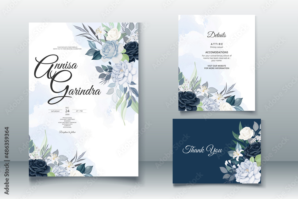 Beautiful navy blue floral frame wedding invitation card template ...