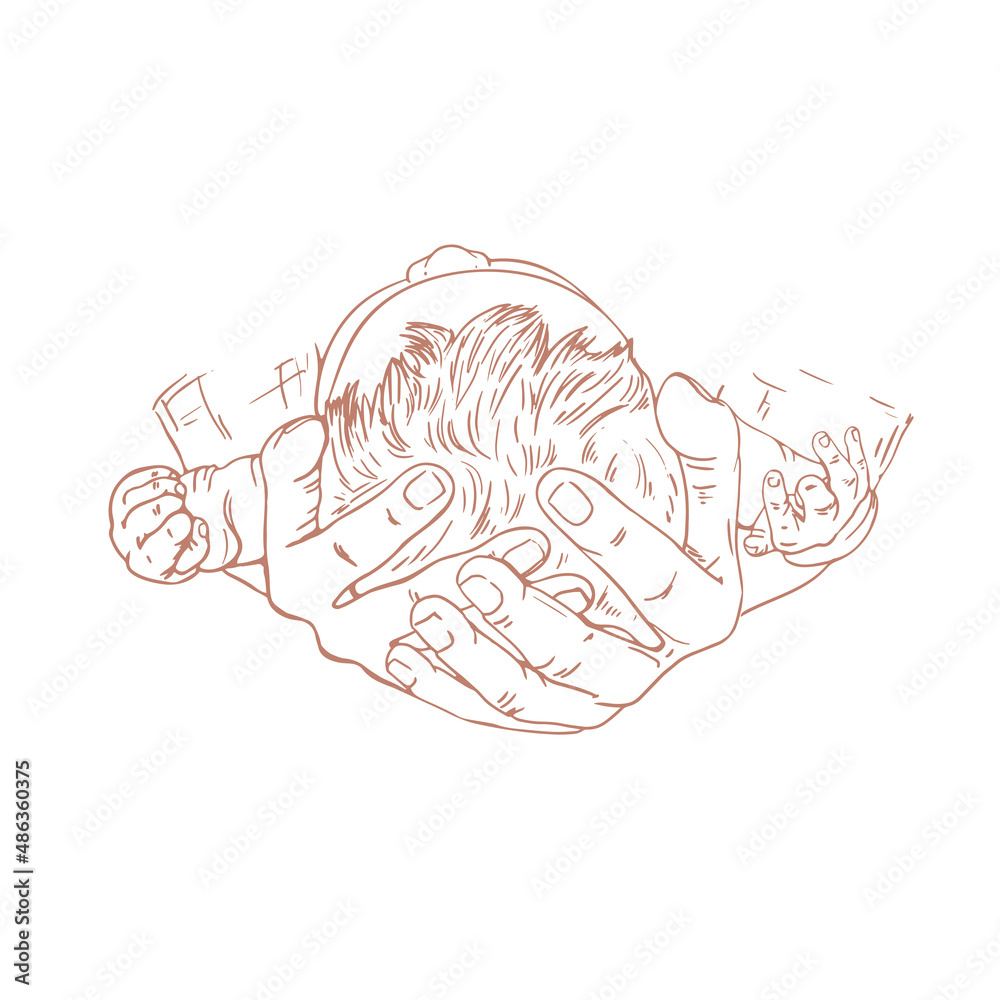 newborn in hands, simple drawing_child's head in the hands of an adult ...
