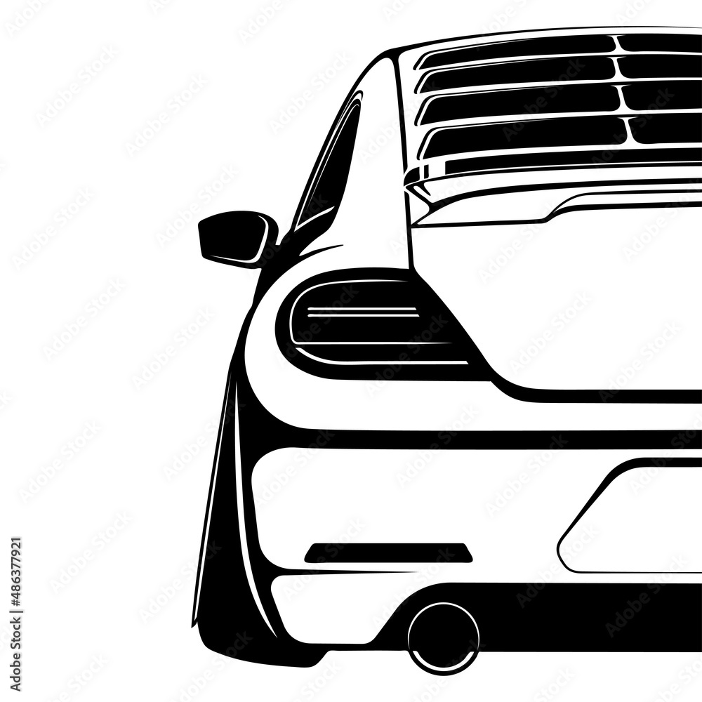 Illustration of a hand drawn tuning car. Rear view of the camber wheels ...