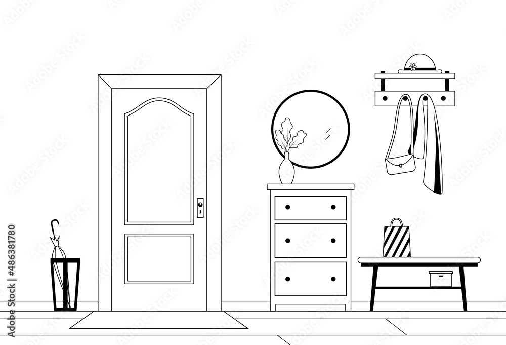 Modern hallway interior with furniture. Vector lineart illustration ...