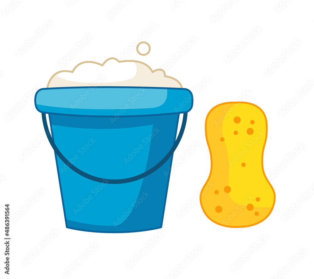 A bucket of foamy water and a sponge for washing windows, cleaning and ...