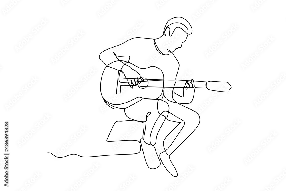 continuous line drawing of a male sitting guitarist playing guitar ...