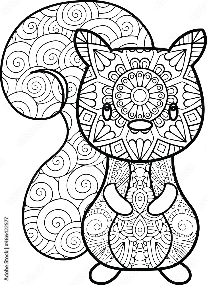 Doodle stylized squirrel, Adult antistress coloring page. mandala ...