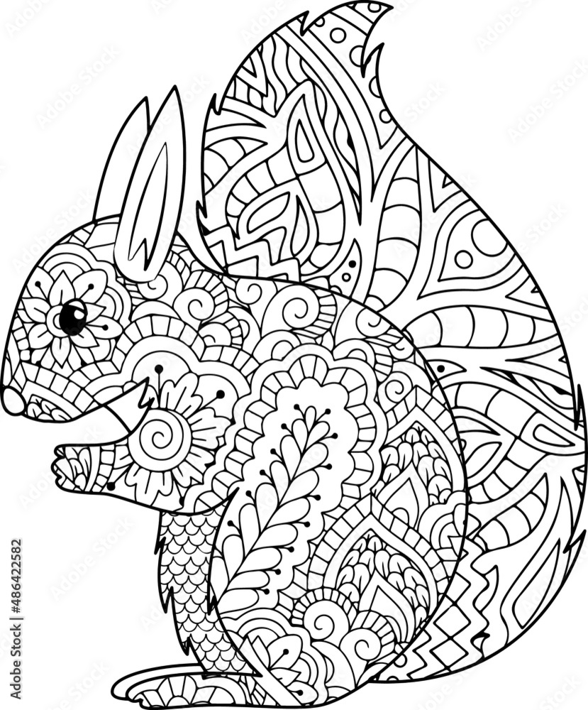 Doodle stylized squirrel, Adult antistress coloring page. mandala ...