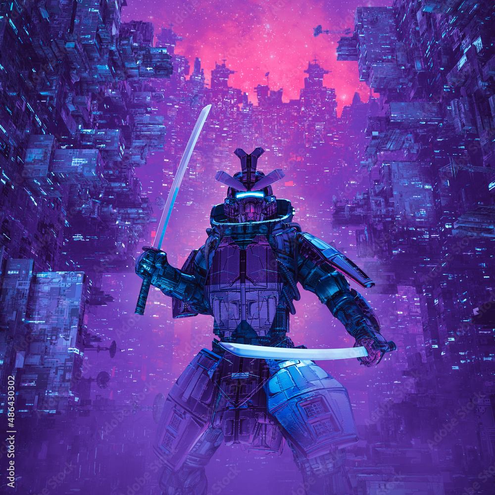 Cyberpunk urban samurai - 3D illustration of science fiction armoured ...