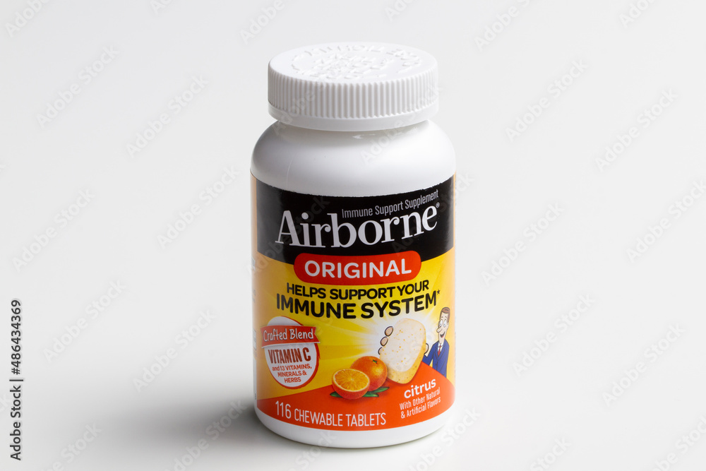 Portland, OR, USA - July 9, 2020: A bottle of Airborne 1000mg Vitamin C ...