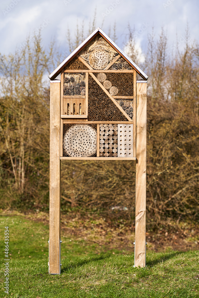 Insect house on a meadow. Protection for animals and the environment. A ...