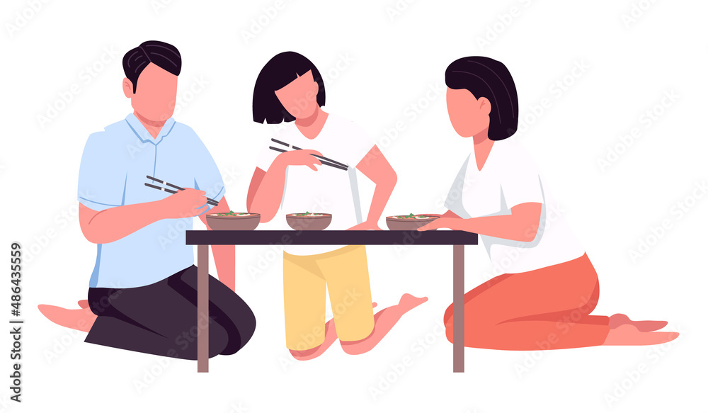 Family eating with chopsticks semi flat color vector characters ...
