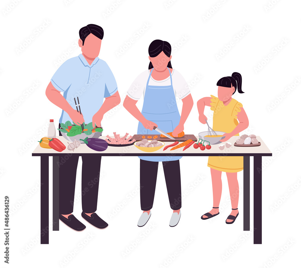 Family preparing dinner together table semi flat color vector ...