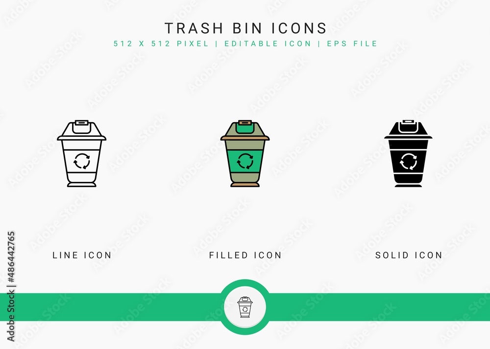 Trash bin icons set vector illustration with solid icon line style ...