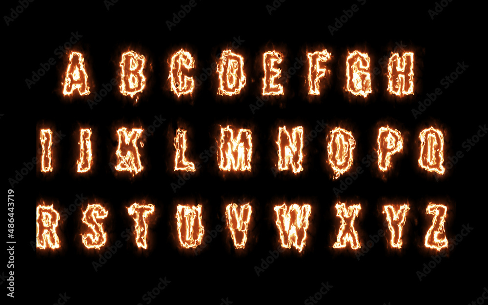 Burning Alphabets Set on black Background. All Letters with Fire Flames ...