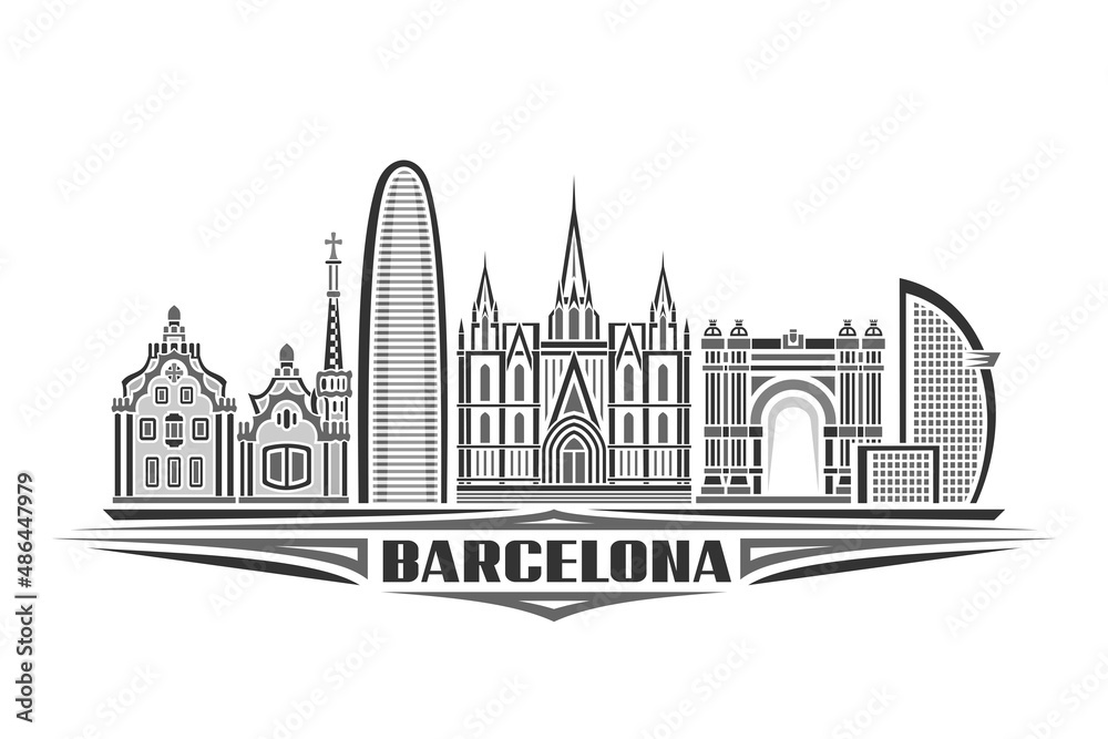 Vector illustration of Barcelona, monochrome horizontal poster with ...