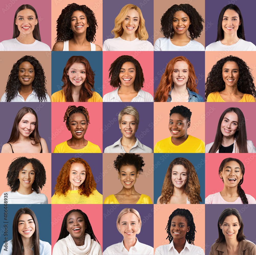 Female positive portraits. Set of happy diverse ladies smiling over ...