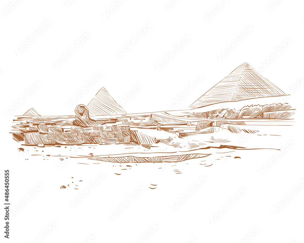 Egypt. Giza. Pyramids. Beautiful view. Hand drawn sketch, vector ...