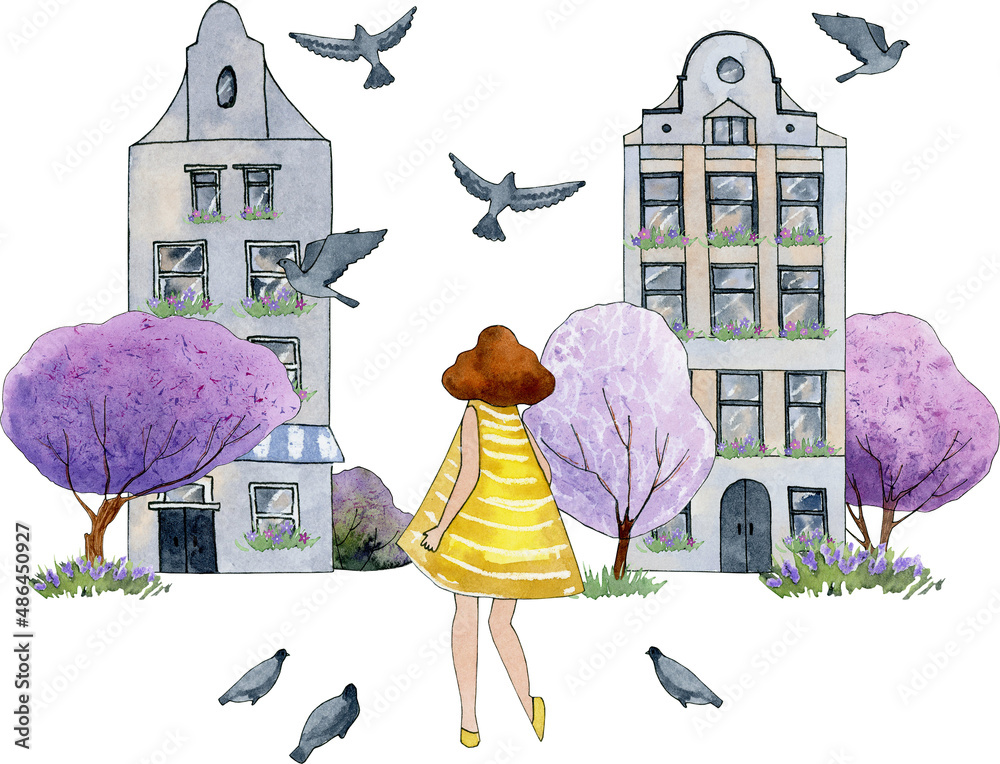 girl in paris city scene, watercolor house clipart, violet blossom ...