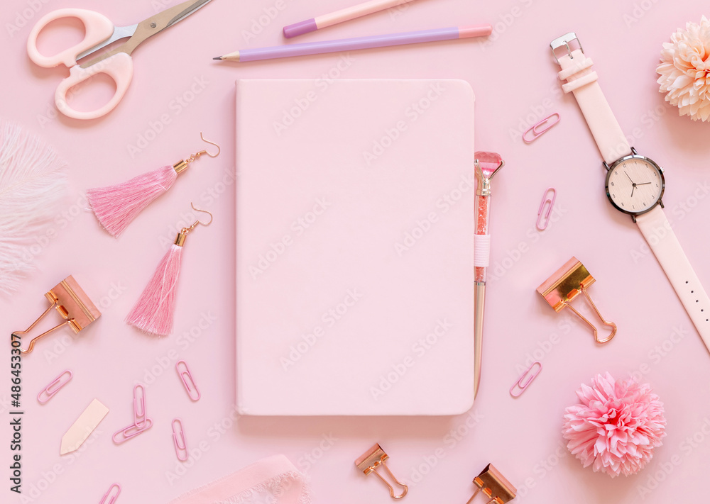 Hardcover notebook and Pink school girly accessories on pastel pink Top ...