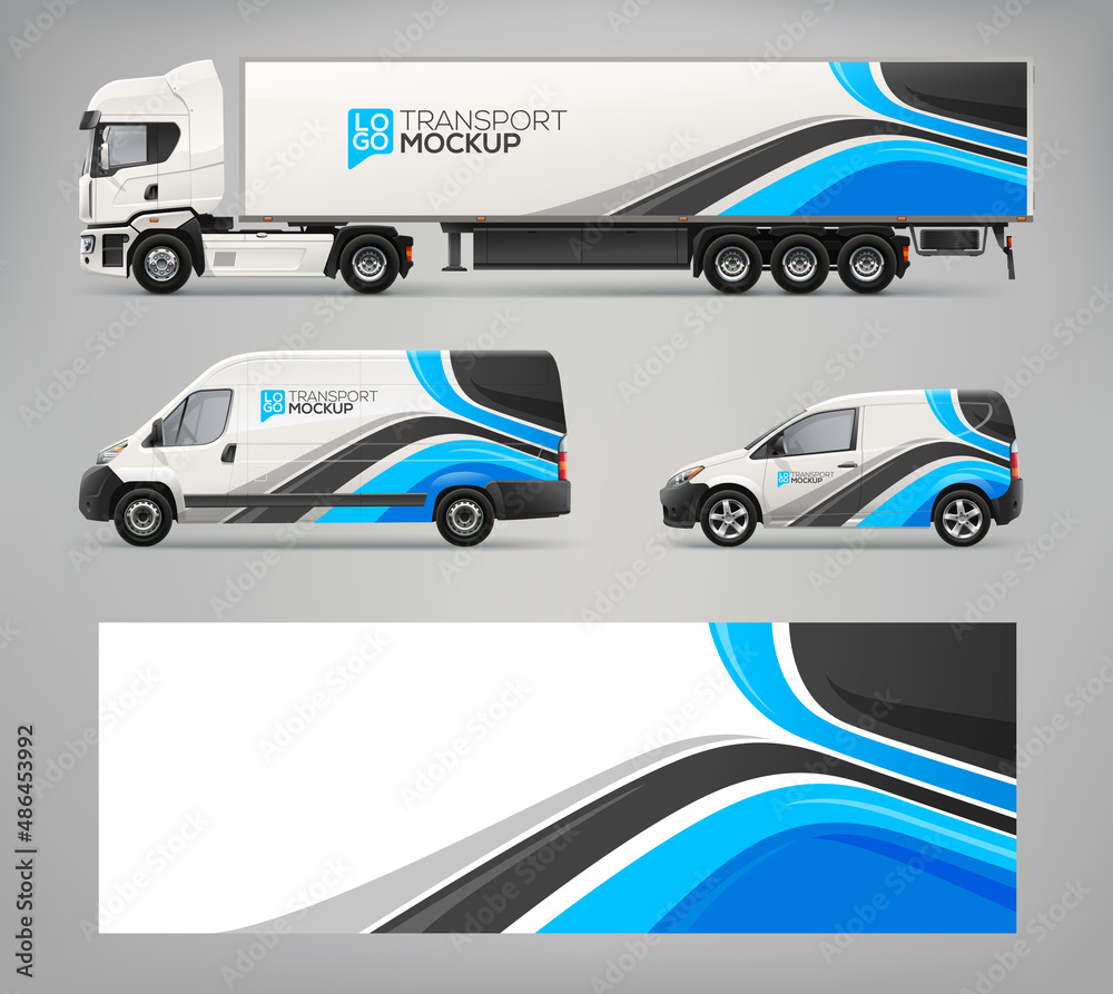 Side view Van, truck trailer, service car mockup set with blue stripes ...