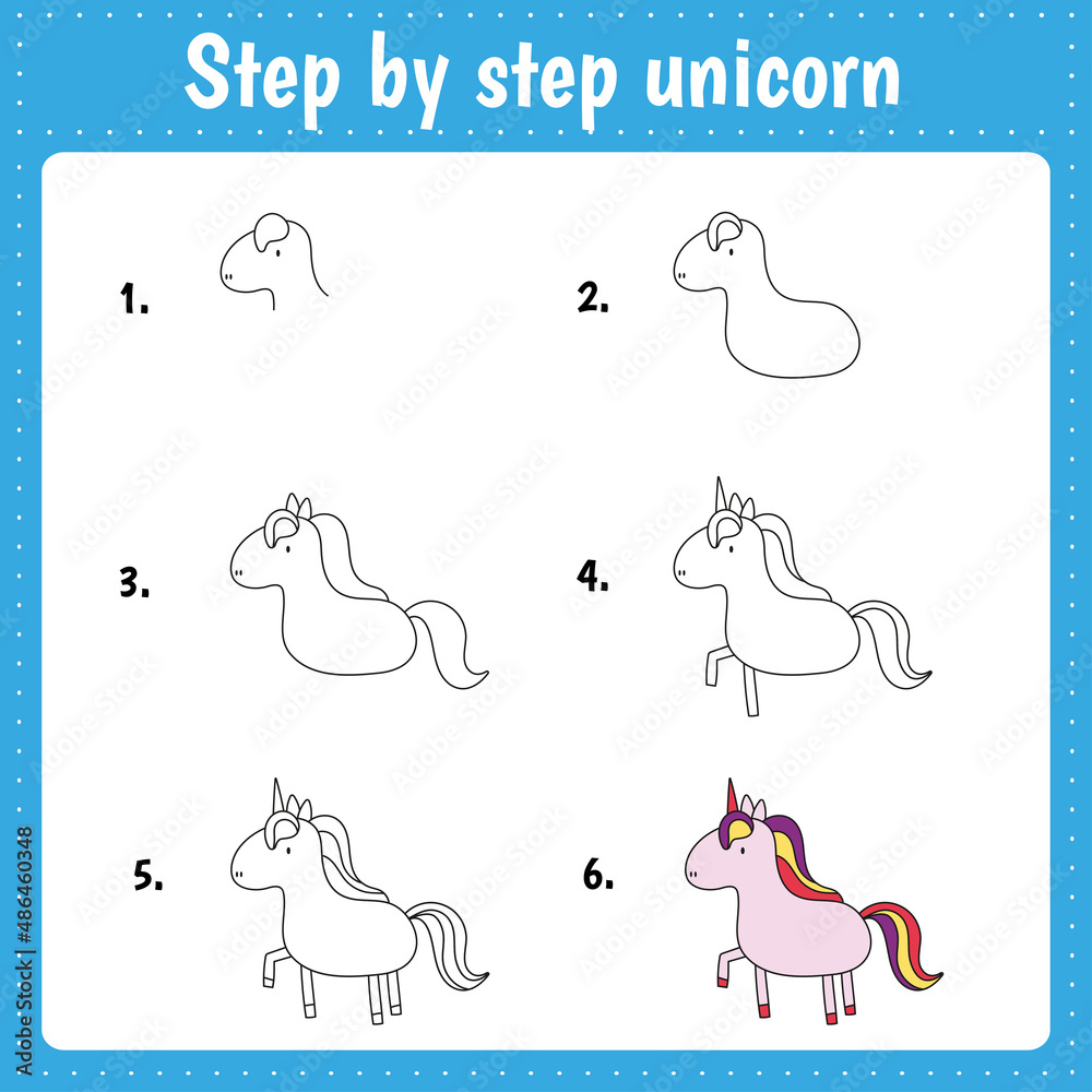 Drawing lesson for children. How draw a unicorn. Drawing tutorial for ...