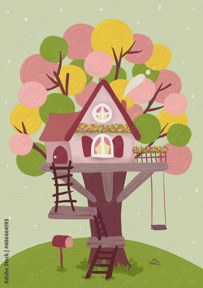 Tree house cartoon illustration. Children‘s house on the tree. Summer ...