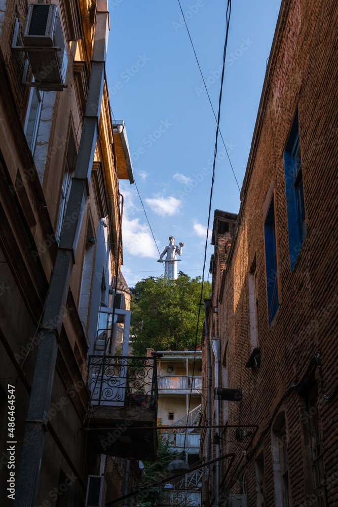 View from the dirty slums on the Monument Mother Georgia. The narrow ...