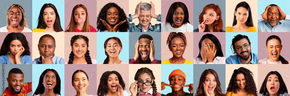 Emotions, feelings, face expressions concept, collection of photos ...