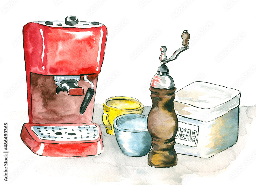 Watercolor and ink still life painting with the red espresso coffee ...