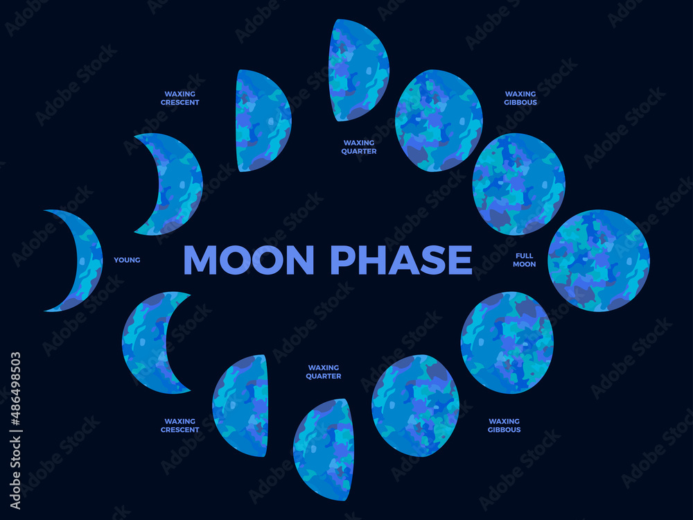 Moon phase. Textured surface of the moon. Lunar phases throughout the ...