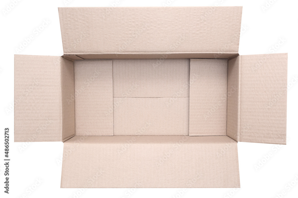 Open rectangular cardboard box on a white background. Isolated. Top ...