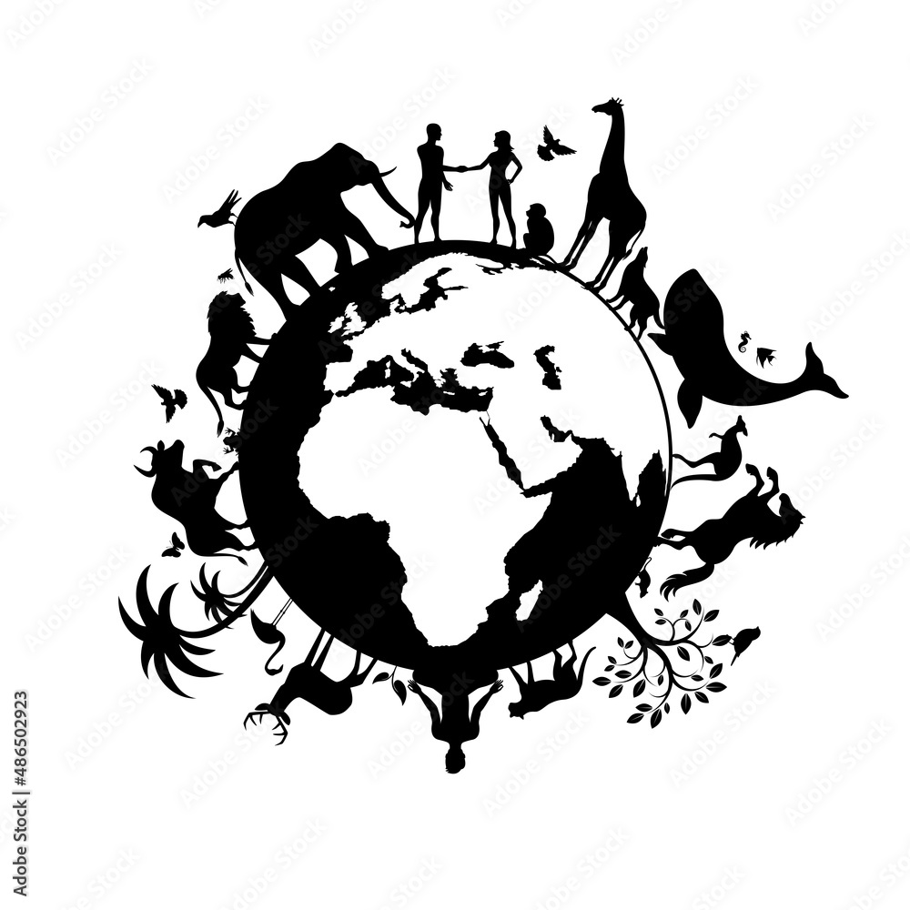 Planet Earth with animals and humans black silhouette illustration ...