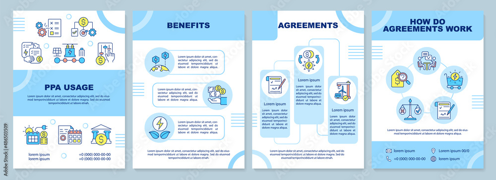 PPA usage blue brochure template. Agreement benefits and work. Leaflet ...